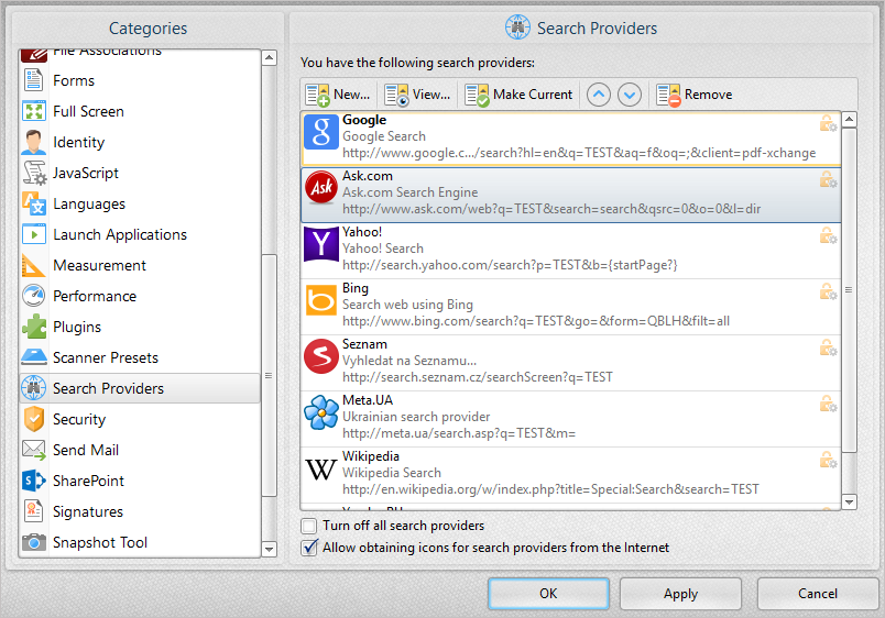 PDF-XChange Co Ltd :: Knowledge Base :: How do I edit the list of Search Providers that PDF ...